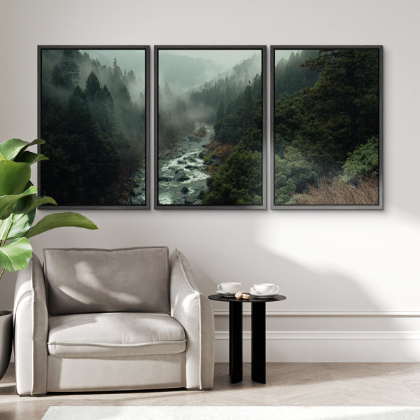 IDEA4WALL Misty Forest Landscape Moody Green River Nature Hazy Pictures Framed Canvas Print 3 ...